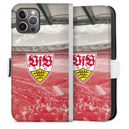 DeinDesign iPhone 12 Pro Handy Klapph&uuml;lle Handyh&uuml;lle aus Kunst Leder wei&szlig; Flip Case Official Licensed Product Vfb Stuttgart Stadium Sideflip mit Lasche