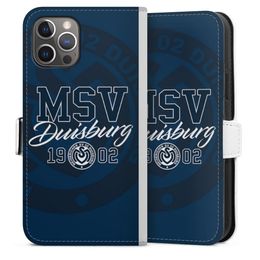 DeinDesign iPhone 12 Pro Handy Klapph&uuml;lle Handyh&uuml;lle aus Kunst Leder wei&szlig; Flip Case Soccer Merchandise Msv Duisburg Sideflip mit Lasche