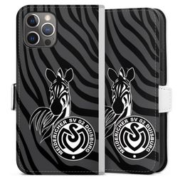 DeinDesign iPhone 12 Pro Handy Klapph&uuml;lle Handyh&uuml;lle aus Kunst Leder wei&szlig; Flip Case Zebra Msv Duisburg Muster Sideflip mit Lasche