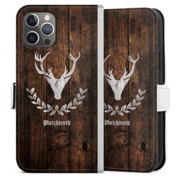 DeinDesign iPhone 12 Pro Handy Klapph&uuml;lle Handyh&uuml;lle aus Kunst Leder wei&szlig; Flip Case Wooden Look Deer Wood Sideflip mit Lasche