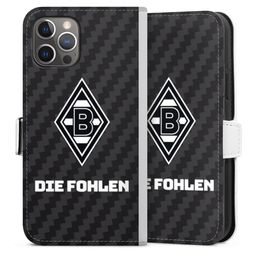 DeinDesign iPhone 12 Pro Handy Klapph&uuml;lle Handyh&uuml;lle aus Kunst Leder wei&szlig; Flip Case Borussia M&ouml;nchengladbach Carbon Gladbach Sideflip mit Lasche
