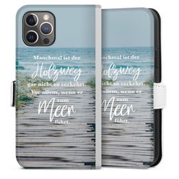 DeinDesign iPhone 12 Pro Handy Klapph&uuml;lle Handyh&uuml;lle aus Kunst Leder wei&szlig; Flip Case Statement Beach Spruch Sideflip mit Lasche