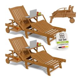 Juskys&reg; 2er Set Sonnenliege SunScape - Akazie, Natur, ge&ouml;lt, klappbar, inkl. Klapptisch, 196x72,5x30 cm
