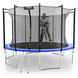 KINETIC SPORTS Trampolin Outdoor SALTO &Oslash; 183/244/305/366/400/430/490 cm - Kindertrampolin Set mit Leiter, Netz, Randpolster, USA Sprungtuch - Gartentrampolin, bis zu 160kg Blau &Oslash; 366 cm &Oslash; 366 cm, Blau