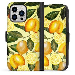 DeinDesign iPhone 13 Pro Handy Klapph&uuml;lle Handyh&uuml;lle aus Kunst Leder schwarz Flip Case Summer Fruits Lemon Sideflip mit Lasche
