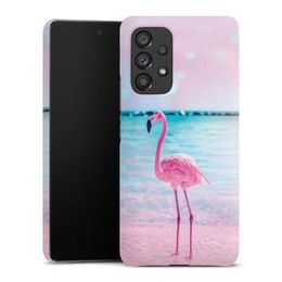 DeinDesign Galaxy A53 5G Handy Premium Case Smartphone Handyh&uuml;lle Schutzh&uuml;lle gl&auml;nzend Tropical Flamingo Beach Premium Case