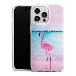 DeinDesign iPhone 13 Pro Handy Silikon H&uuml;lle Case wei&szlig; Handyh&uuml;lle Beach Tropical Flamingo Silikon Case
