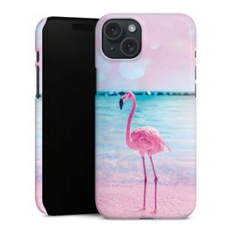 DeinDesign iPhone 15 Plus Handy Premium Case Smartphone Handyh&uuml;lle Schutzh&uuml;lle gl&auml;nzend Beach Tropical Flamingo Premium Case