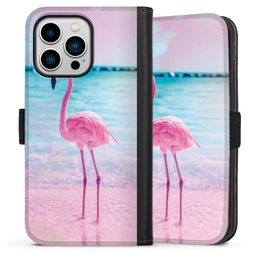 DeinDesign iPhone 13 Pro Handy Klapph&uuml;lle Handyh&uuml;lle aus Kunst Leder schwarz Flip Case Beach Tropical Flamingo Sideflip mit Lasche