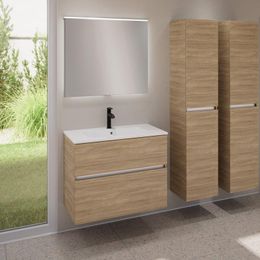 evineo ineo5 evo Unterschrank B: 80 cm mit 2 Ausz&uuml;gen, Slim-Waschtisch wei&szlig;, mit ineo Lichtspiegel,, BE0835WH+BE0957OA+BEA010MI,
