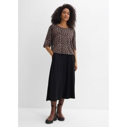 bonprix Shirt Kleid aus flie&szlig;endem Viskose-Elasthan-Mix, schwarz, Gr.52/54 (XXL), Figurumspielendes Shirt-Maxikleid in modischer Lagenoptik, aus 100% Baumwolle