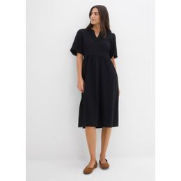 bonprix Shirtkleid aus reiner Baumwolle, schwarz, Gr.52/54 (XXL), Weiches Shirt-Midikleid mit dekorativen Details, aus 100% Baumwolle