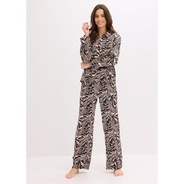 bonprix Gewebter Pyjama aus Satin, schwarz, Gr.36/38 (S), Modischer Pyjama aus Satin mit trendigen Zebra Druck, aus Satin