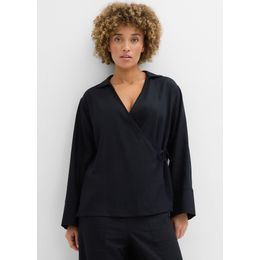 bonprix Wickelbluse aus Leinenmix, schwarz, Gr.48, Wickelbluse aus Leinenmix in leichter A-Linie mit Bindedetail. Oversize-Fit., aus Leinen,Viskose