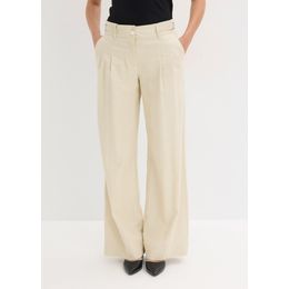 bonprix Palazzo-Hose aus leichtem Leinen-Mix, beige, Gr.52, Weite Bundfaltenhose mit verstellbaren Riegeln am Bund