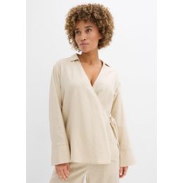 bonprix Wickelbluse aus Leinenmix, beige, Gr.40, Wickelbluse aus Leinenmix in leichter A-Linie mit Bindedetail. Oversize-Fit., aus Leinen,Viskose