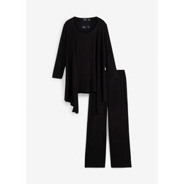 bonprix Loungewear Hausanzug (3-tlg.Set), schwarz, Gr.44/46 (L), Set aus Top mit Rundhalsausschnitt, Jacke mit 3/4Arm und kn&ouml;chellanger Hose (3-tlg)., aus Viskose