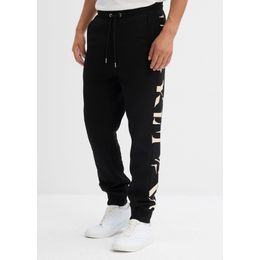 bonprix Jogginghose in Regular Fit, schwarz, Gr.48/50 (M), Angesagte Jogginghose mit Print-Einsatz, aus 100% Baumwolle