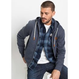 bonprix Kapuzen-Sweatjacke mit Lederimitat-Details, blau, Gr.68/70 (4XL), Modische Kapuzen-Sweatjacke mit 2 Taschen, innen weich angeraut, 60% Baumwolle
