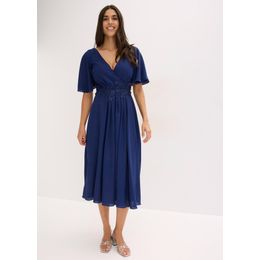 bonprix Cocktailkleid mit Spitzen-Applikation, blau, Gr.42, Elegantes Cocktailkleid aus feinem Chiffon in Midi-L&auml;ngemit Spitzen-Applikation in der Taille