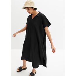bonprix Leinenkleid, schwarz, Gr.44, weites Kaftan-Kleid mit Leinen, aus Leinen,Viskose