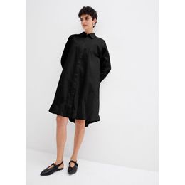 bonprix Hemdblusenkleid mit Ballonsaum aus reiner Baumwolle, schwarz, Gr.48, Hemdblusenkleid mit langen &Auml;rmlen, Seitennahttaschen sowie einem Ballonsaum, 100% Baumwolle