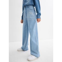 bonprix Wide-Leg-Jeans Mid Waist, blau, Gr.140, Sch&ouml;ne M&auml;dchen Wide-Leg Jeans mit Stickerei, 82% Baumwolle (organic)