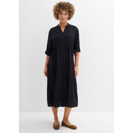 bonprix Midikleid aus Leinen- Mix, schwarz, Gr.52, Kleid in Midil&auml;nge mit 3/4 &Auml;rmeln und Tunnelzug auf Taillenh&ouml;he, aus Leinen,Viskose