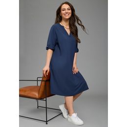 Jerseykleid LAURA SCOTT CURVE, Damen, Gr. 50, N-Gr, navy, Single Jersey, Obermaterial: 95% Viskose, 5% Elasthan, unifarben, A-Linie kniefrei, Rundhals, krempelbar, Kleider Jerseykleid, kniefrei, 3/4-&Auml;rmel mit krempelbarem Abschluss