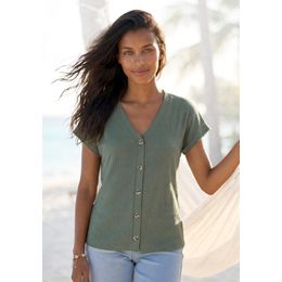 Kurzarmshirt Lascana "mit Zierknopfleiste", Damen, Gr. 36/38, gr&uuml;n (khaki), Piqu&eacute;, Obermaterial: 69% Polyester (REPREVE), 28% Viskose, 3% Elasthan, unifarben, bequem normal, V-Ausschnitt, Shirts Kurzarmshirt, aus weicher Piqu&eacute;-Qualit&auml;t, Topseller