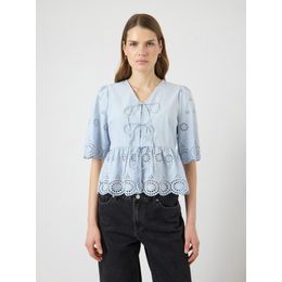 Spitzenbluse Y.A.S "YASCORNELIA 2/4 TIE TOP S. NOOS", Damen, Gr. 42, skyway, Web, Obermaterial: 100% Baumwolle, unifarben, regular fit kurz, V-Ausschnitt, Blusen Spitzenbluse, Baumwolle, regular fit