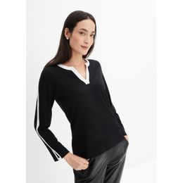 Langarmshirt bonprix, Damen, Gr. 36/38 (S), schwarz, wei&szlig;, Jersey, Obermaterial: 64% Polyester, 32% Viskose, 4% Elasthan, unifarben mit Farbeins&auml;tzen, loose fit h&uuml;ftbedeckend, V-Ausschnitt, &Auml;rmel mit &Auml;rmelschlitz, Shirts Langarmshirt, bequeme Passform, Langarm-Design, mit kontrastfarbigen Details