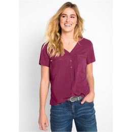 Kurzarmbluse bonprix, Damen, Gr. 44, beere, Web, Obermaterial: 100% Viskose, regular fit, Blusen Kurzarmbluse, mit kurzem Arm, aus Viskose, mit V-Ausschnitt, lockere Passform