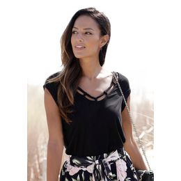 s.Oliver T-Shirt schwarz Gr. 40/42 f&uuml;r Damen. Mit V-Ausschnitt. Figurumspielend. Nachhaltig.