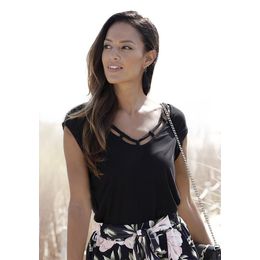 s.Oliver T-Shirt schwarz Gr. 36/38 f&uuml;r Damen. Mit V-Ausschnitt. Figurumspielend. Nachhaltig.