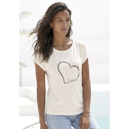 Lascana Kurzarmshirt beige Gr. 36/38 f&uuml;r Damen. Rundhals und Print. Figurumspielend. Nachhaltig.