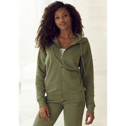 Buffalo Kapuzensweatjacke moosgr&uuml;n Gr. 32/34 f&uuml;r Damen. Ohne Ausschnitt und Label, Druck. Bequem. Nachhaltig.