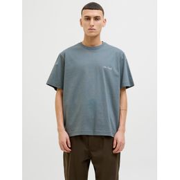 Jack & Jones T-Shirt JACK & JONES "JORISLINGTON BACK TEE SS CREW NECK SN", Herren, Gr. S, grau (stormy weather), Jersey, Obermaterial: 100% Baumwolle, unifarben, loose fit normal, Rundhals, Shirts T-Shirt