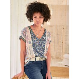 Druckbluse Heine, Damen, Gr. 44, bunt (jeansblau, hellros&eacute;, bedruckt), 100% Viskose, bedruckt, gebl&uuml;mt, gemustert, mehrfarbig, V-Ausschnitt, Blusen Druckbluse