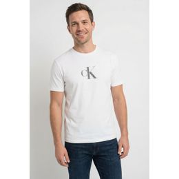 T-Shirt Calvin Klein "SS 30S DISTRESS MONOGRAM GRAPHIC", Herren, Gr. L, hellwei&szlig;, Web, Obermaterial: 100% Baumwolle, unifarben, klassisch normal, Rundhals, eingesetzt abgesteppte Kante, Shirts T-Shirt, Regular fit mit Logodruck