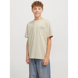 Jack & Jones T-Shirt JACK & JONES JUNIOR "JJEBRANDES BACKP RELAXED TEE SS SN JNR", Jungen, Gr. 128, gelb (moonbeam), Single Jersey, Obermaterial: 100% Baumwolle, bedruckt, relaxed fit normal, Rundhals, Shirts T-Shirt