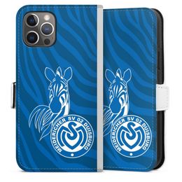 DeinDesign iPhone 12 Pro Handy Klapph&uuml;lle Handyh&uuml;lle aus Kunst Leder wei&szlig; Flip Case Merchandise Msv Duisburg Zebra Sideflip mit Lasche