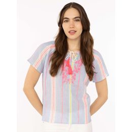 Kurzarmbluse Zwillingsherz "Summer Stripes", Damen, Gr. S/M, blau, Obermaterial: 100% Baumwolle, Blusen Kurzarmbluse, Streifen, Tunnelzug und Tasseln, kurzarm