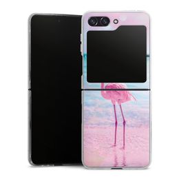 DeinDesign Galaxy Z Flip 5 Handy Hard Case Schutzh&uuml;lle transparent Smartphone Handy H&uuml;lle Tropical Flamingo Beach Hard Case