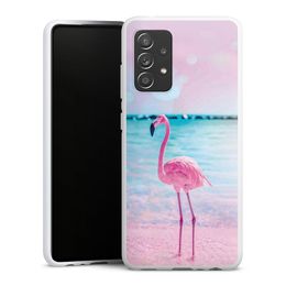 DeinDesign Galaxy A52s 5G Handy Silikon H&uuml;lle Case wei&szlig; Handyh&uuml;lle Beach Tropical Flamingo Silikon Case