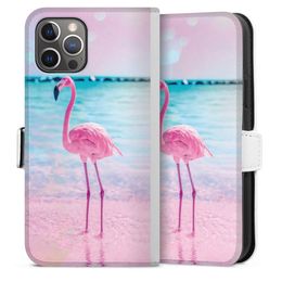 DeinDesign iPhone 12 Pro Handy Klapph&uuml;lle Handyh&uuml;lle aus Kunst Leder wei&szlig; Flip Case Beach Tropical Flamingo Sideflip mit Lasche