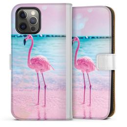DeinDesign iPhone 12 Pro Max Handy Klapph&uuml;lle Handyh&uuml;lle aus Kunst Leder wei&szlig; Flip Case Beach Tropical Flamingo Sideflip mit Lasche