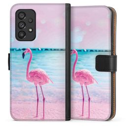 DeinDesign Galaxy A53 5G Handy Klapph&uuml;lle Handyh&uuml;lle aus Kunst Leder schwarz Flip Case Tropical Flamingo Beach Sideflip mit langer Lasche