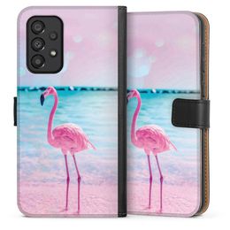 DeinDesign Galaxy A33 5G Handy Klapph&uuml;lle Handyh&uuml;lle aus Kunst Leder schwarz Flip Case Tropical Flamingo Beach Sideflip mit langer Lasche