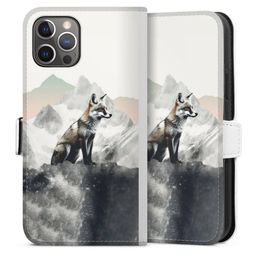 DeinDesign iPhone 12 Pro Handy Klapph&uuml;lle Handyh&uuml;lle aus Kunst Leder wei&szlig; Flip Case Nature Mountain Fox Sideflip mit Lasche
